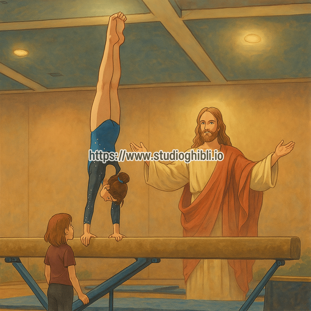 Make this picture ghibli style and add Jesus Christ praising ...