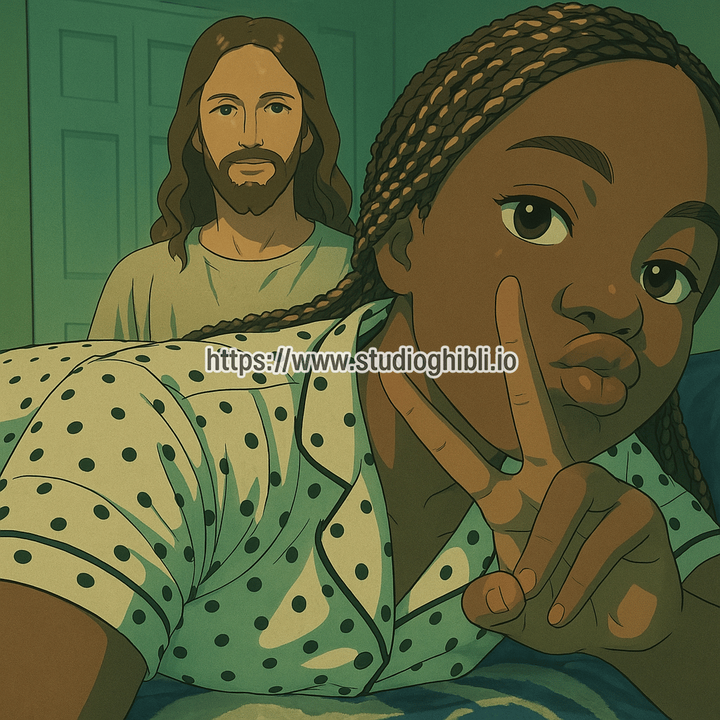 Can you make this photo ghibli inspired anime and jesus behi ...