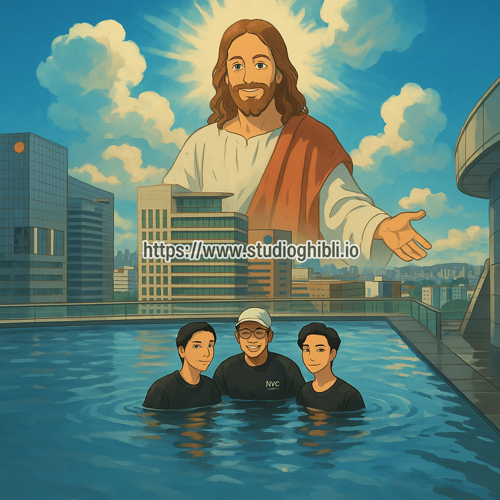 make it look like a ghibli anime. add jesus smiling from the ...