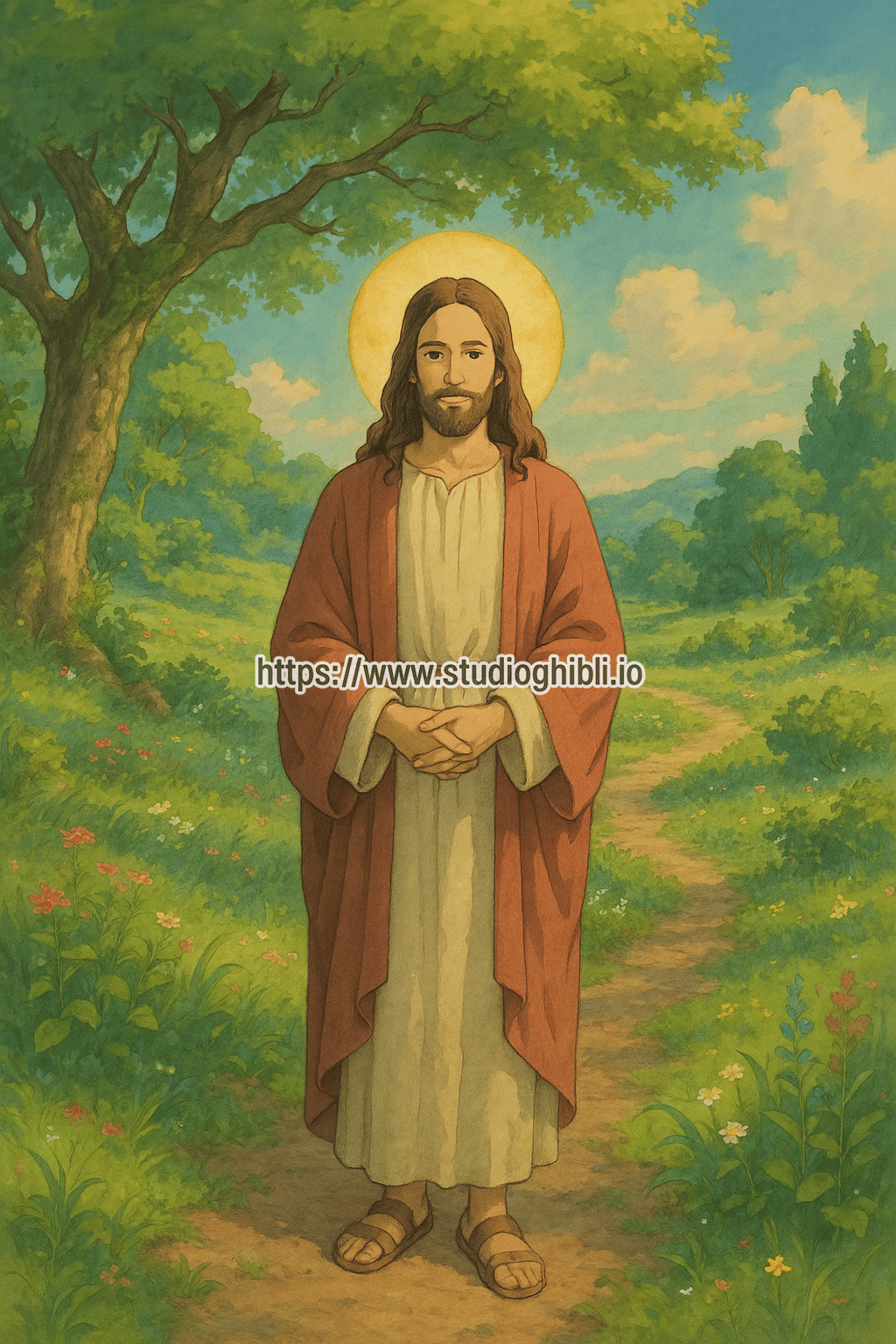 Transform it into Studio Ghibli style and add jesus infront ...